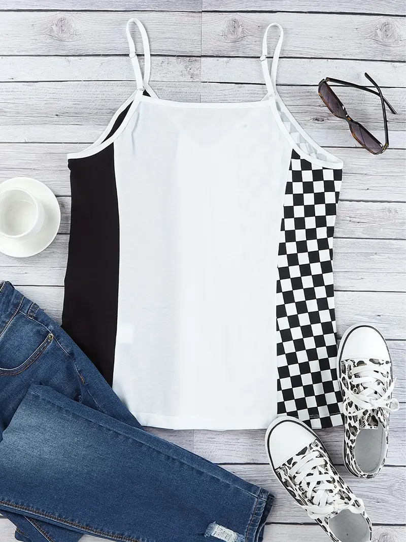 Plus Size Casual Cami Top Womens Plus Colorblock Checker Print V Neck