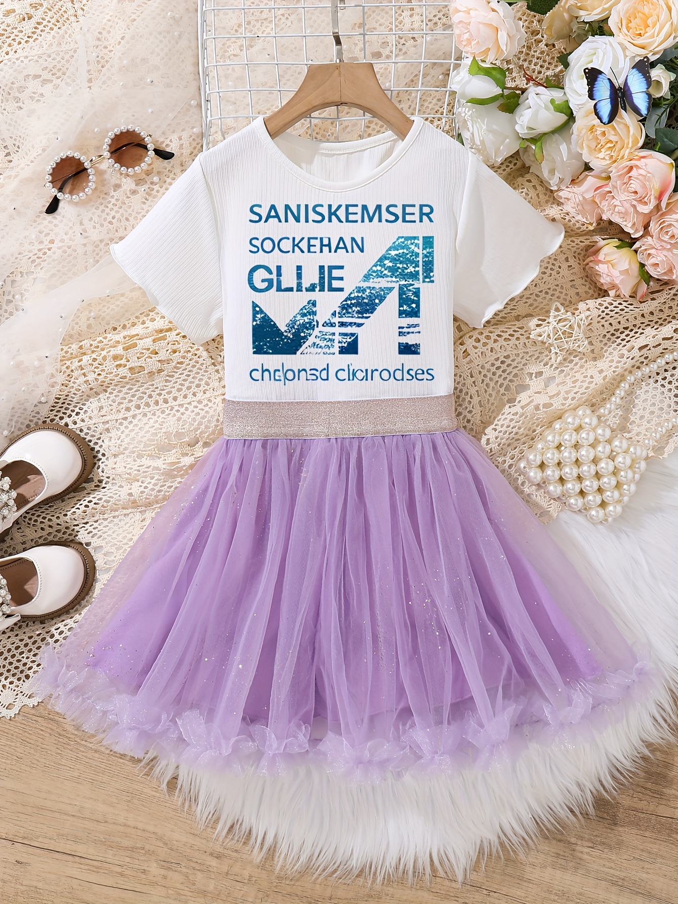 Blue Letter Print Short Sleeve T shirt + Tutu Skirt Set - Temu New Zealand