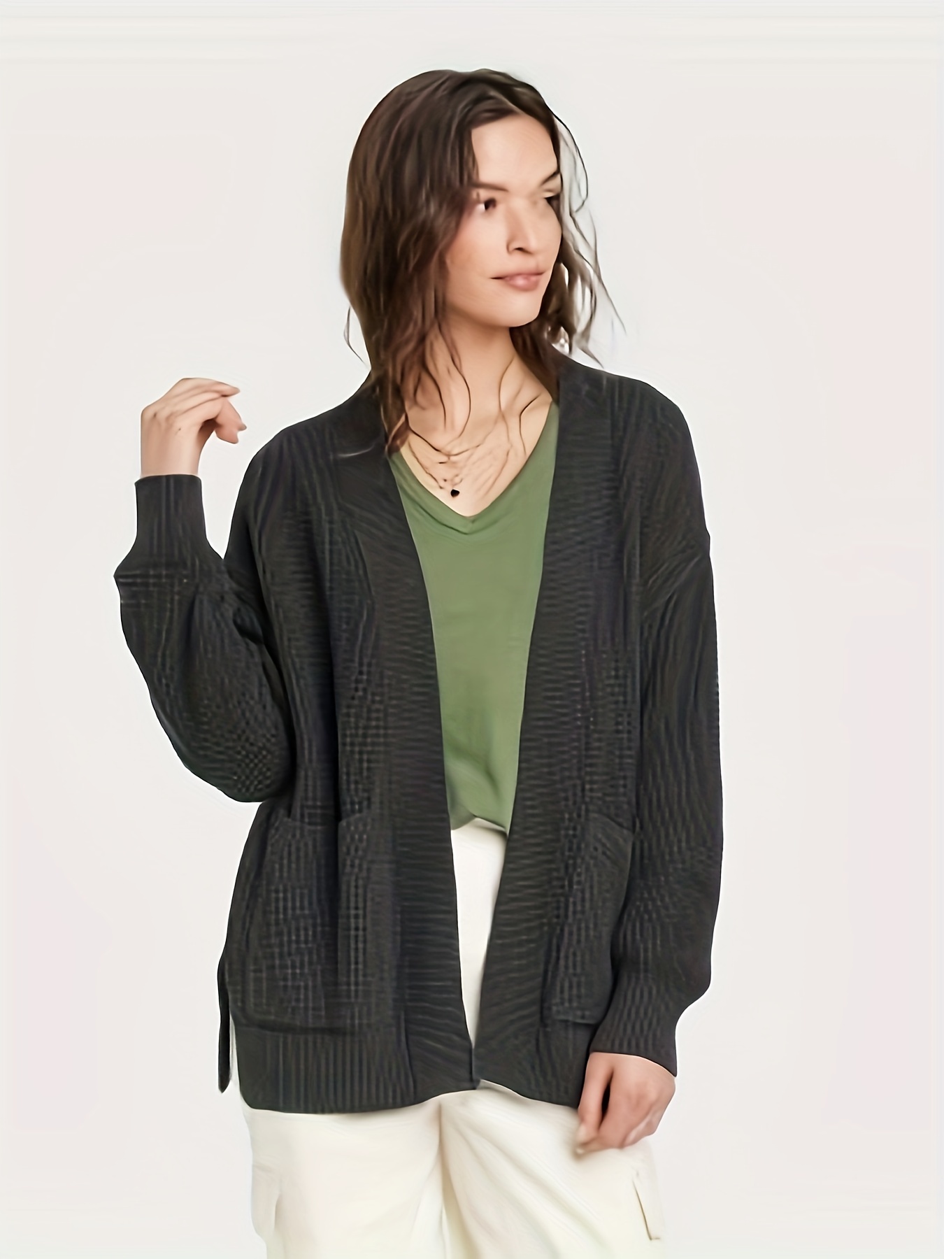 solid open front cardigan elegant long sleeve drop shoulder - Temu Canada