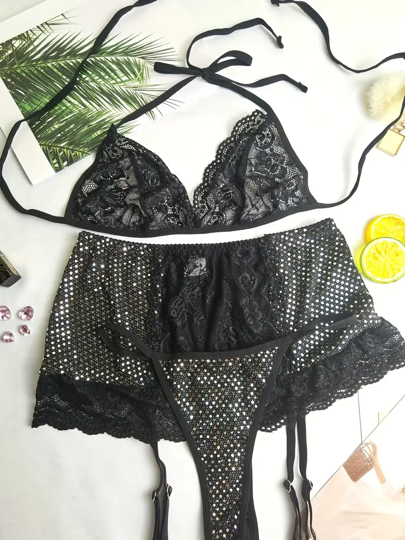 Hot Floral Lace Lingerie Set Halter Strappy Bra Thong Mini Skirt Women