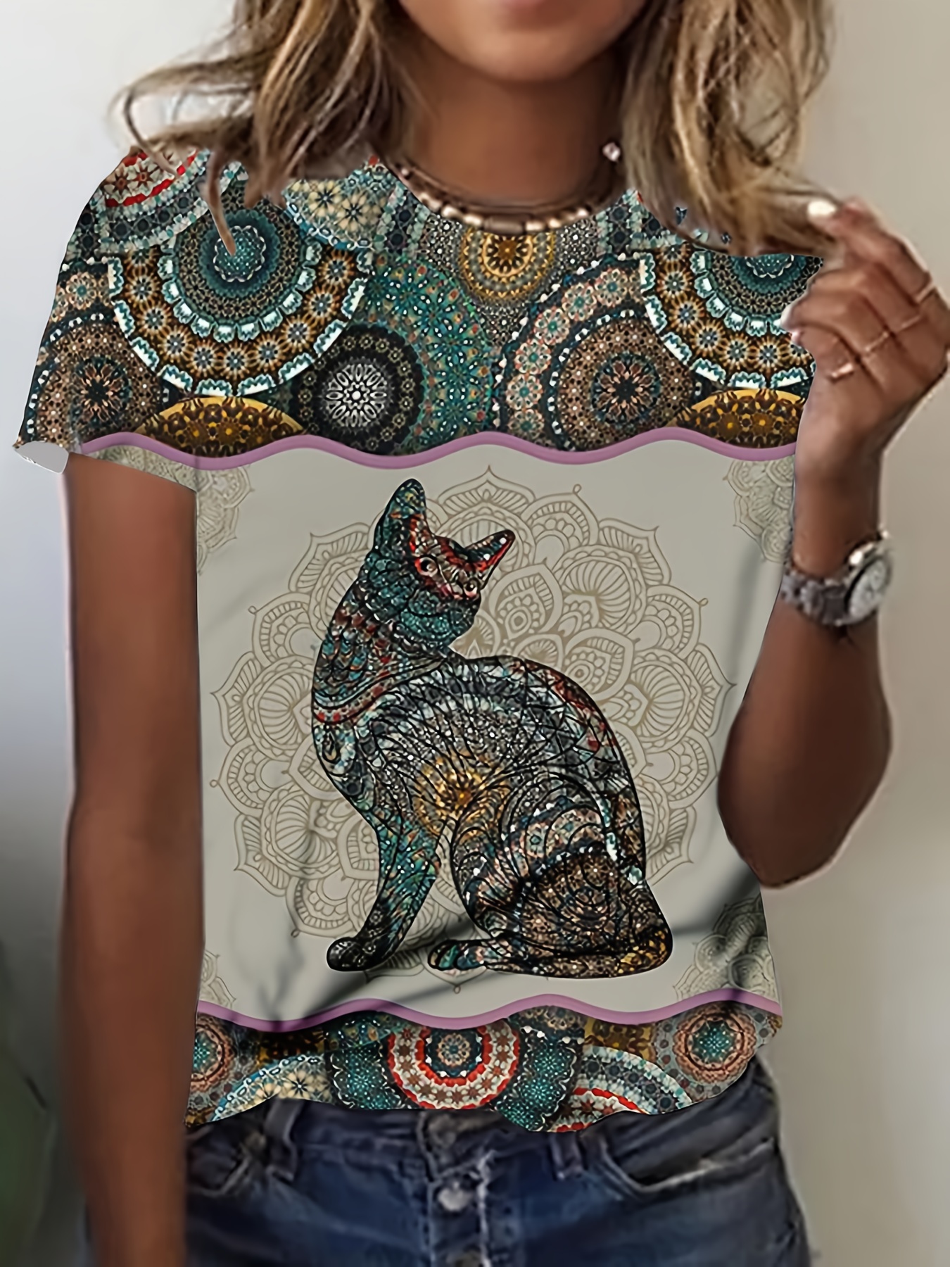 mandala floral cat print t shirt ethnic crew neck short - {region_name}