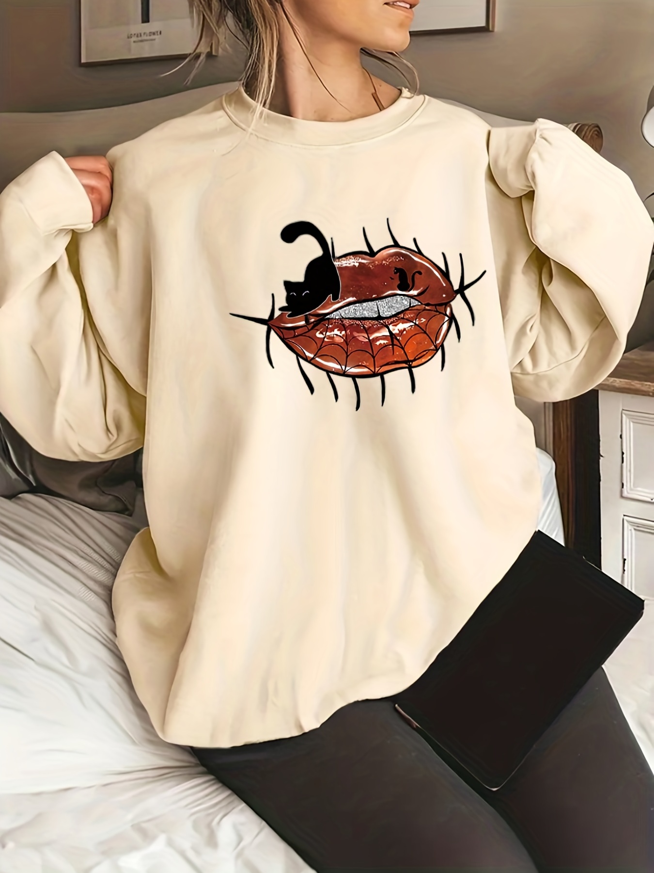 Halloween Cat Lips Print Sweatshirt Cute Long Sleeve Crew - Temu Canada