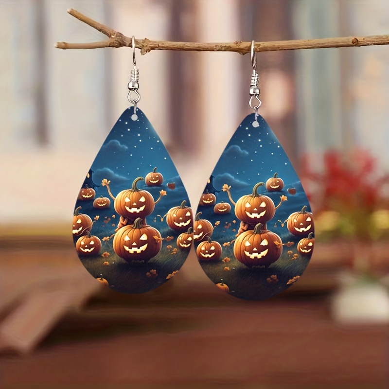 Halloween Pumpkins Series Wooden Waterdrop Shaped Earrings, Cute Witch ...