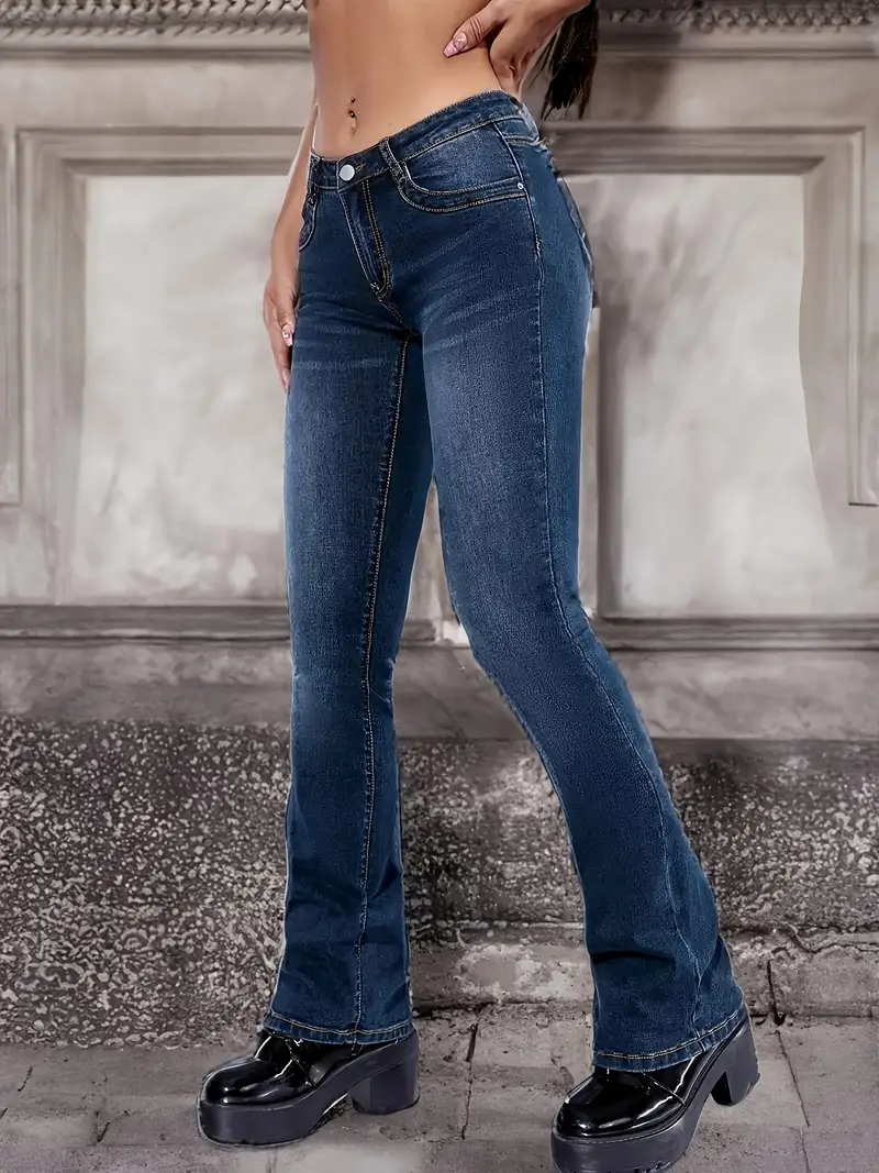 Blue High Stretch Bootcut Jeans Slim Fit Slant Pockets Mid Temu