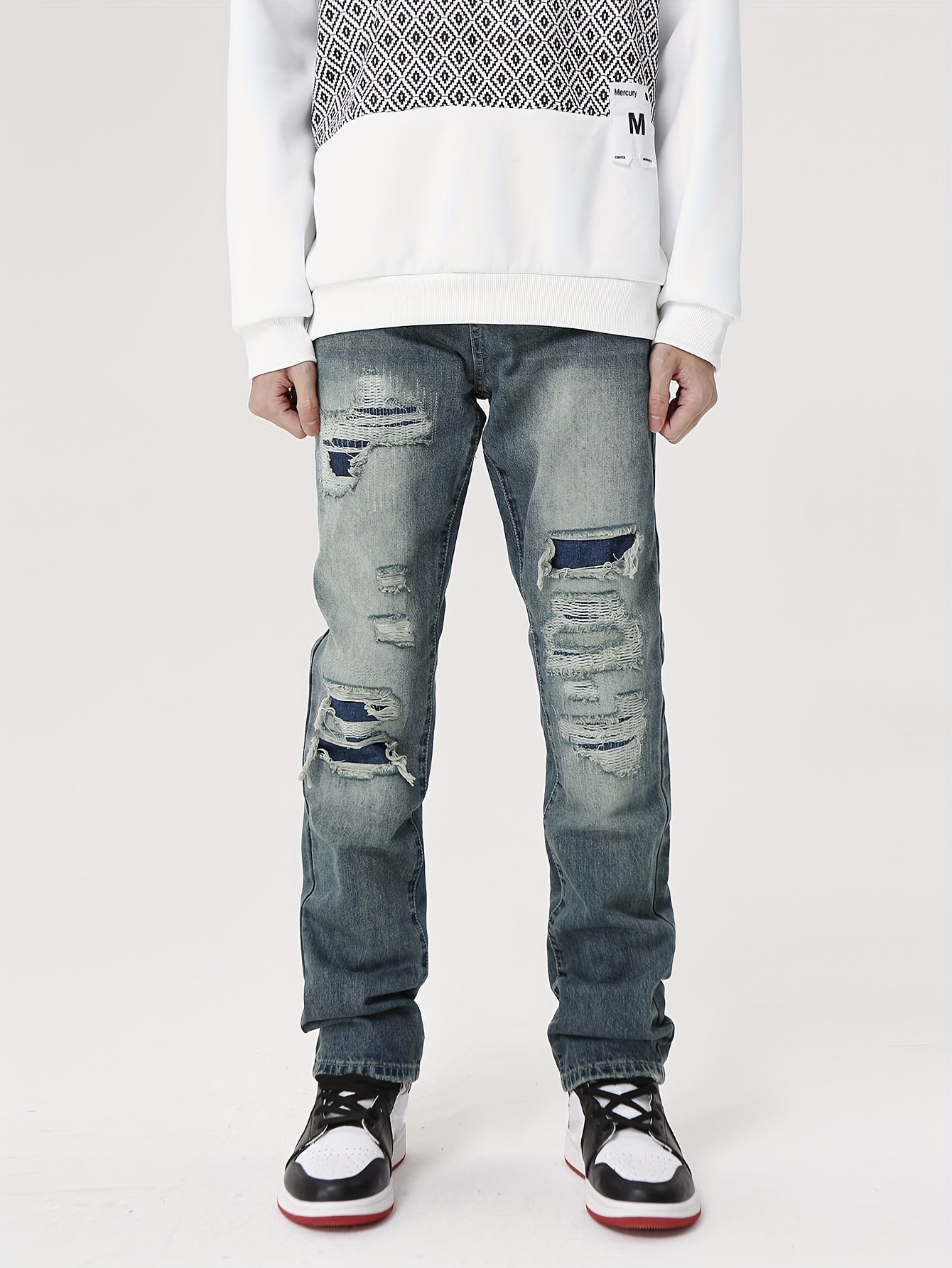 Mens Casual Ripped Jeans Chic Street Style Loose Fit Denim Temu