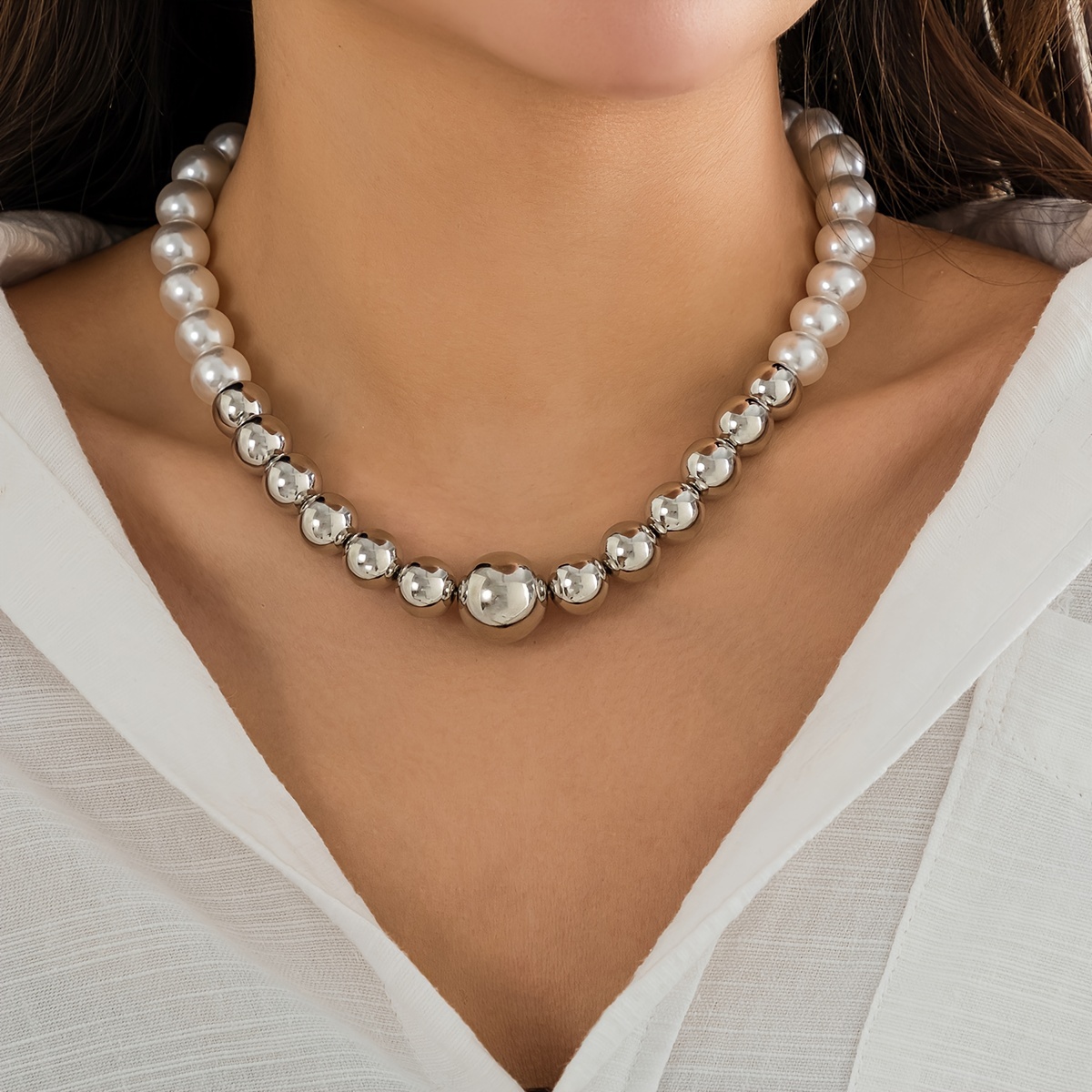 Exaggerated Punk Style Faux Pearl Beaded Neck Chain - Temu United Kingdom