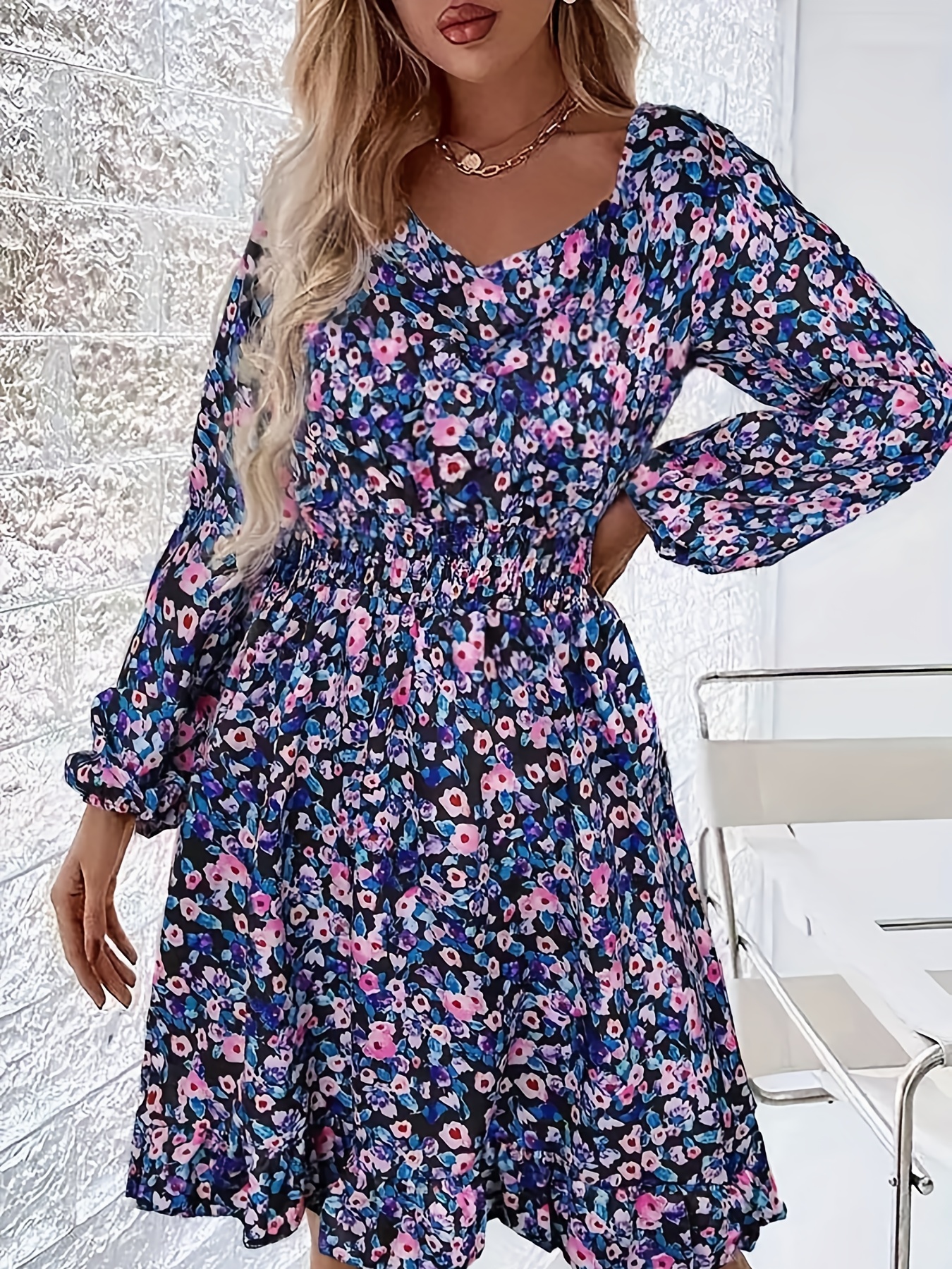 Ditsy Floral Print Dress Vacation Shirred Waist Long Sleeve - Temu New Zealand