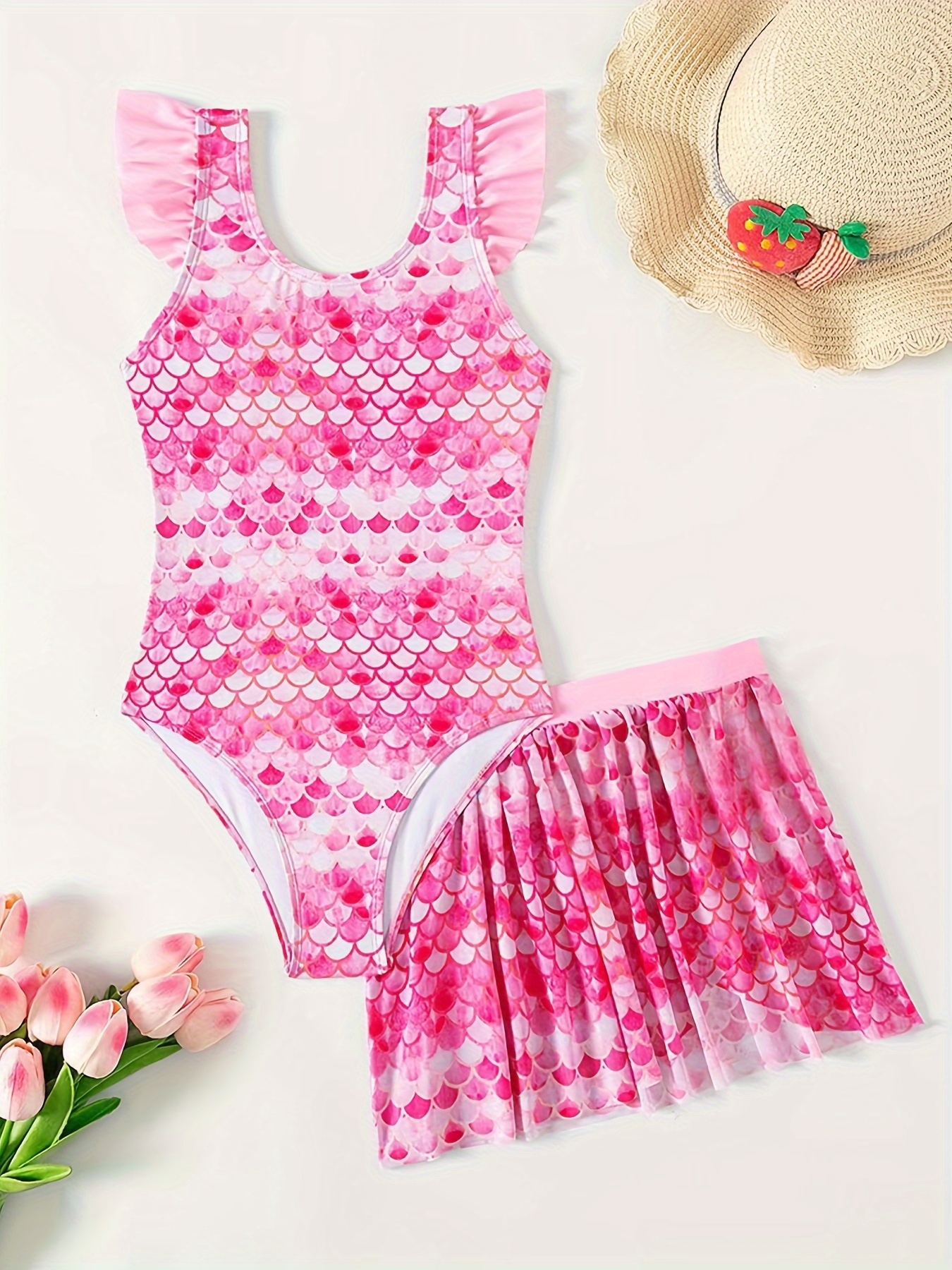 Sweet Fish Scale Graphic Swimwear Set Ruffle Trim Swimwear + - Temu ...