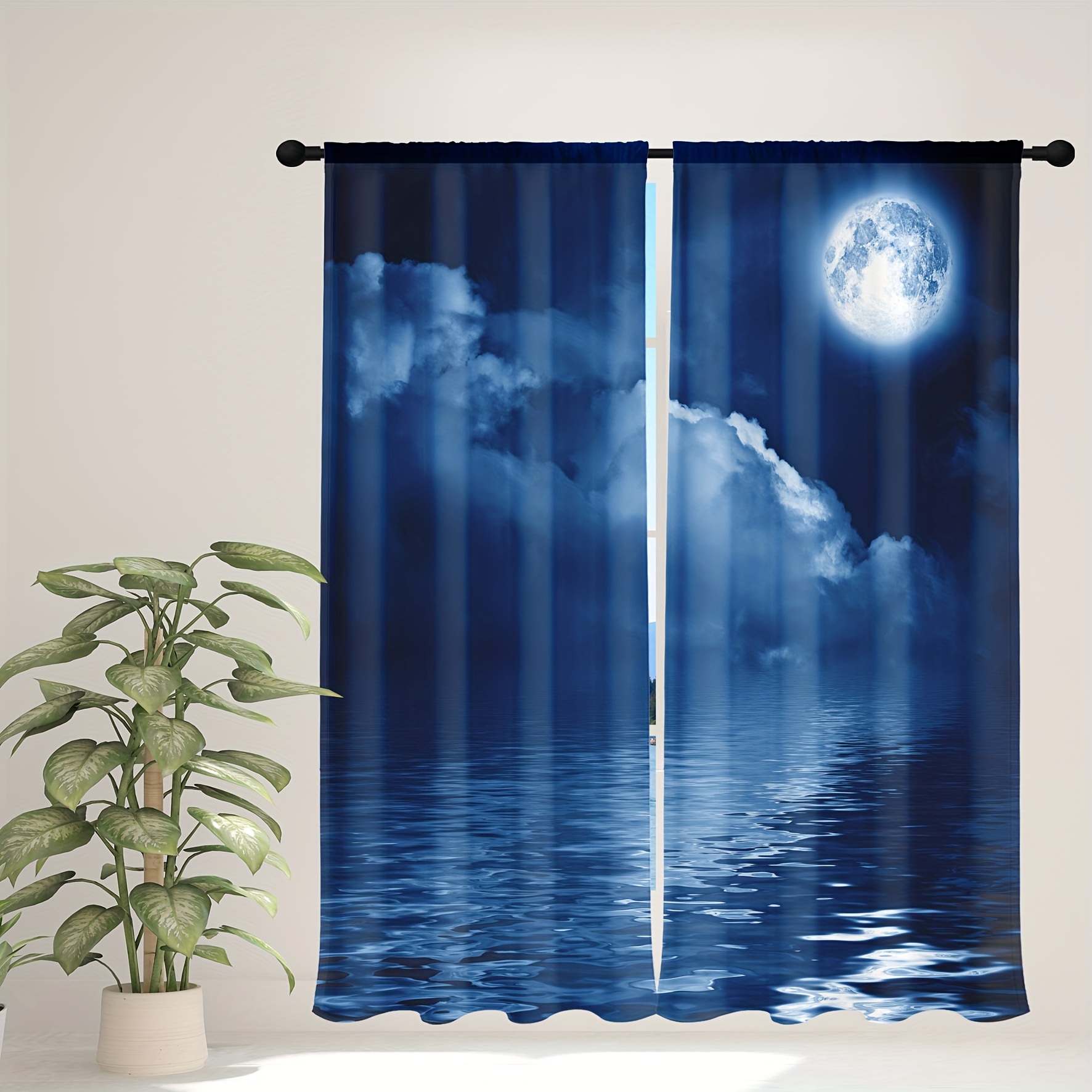 2panels Set Moon Night Sky Sea Printed Curtains Waterproof - Temu ...