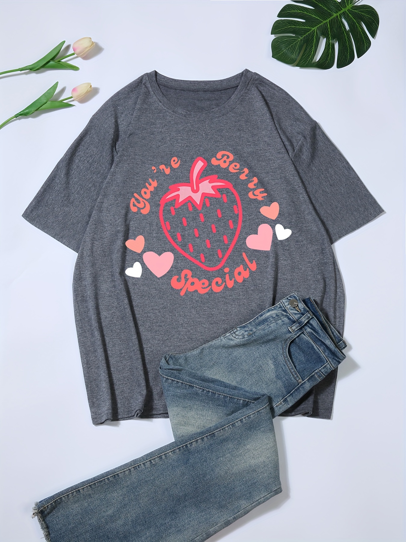 Strawberry Print T shirt Plus Size Valentine s Day Crew Neck - Temu Australia