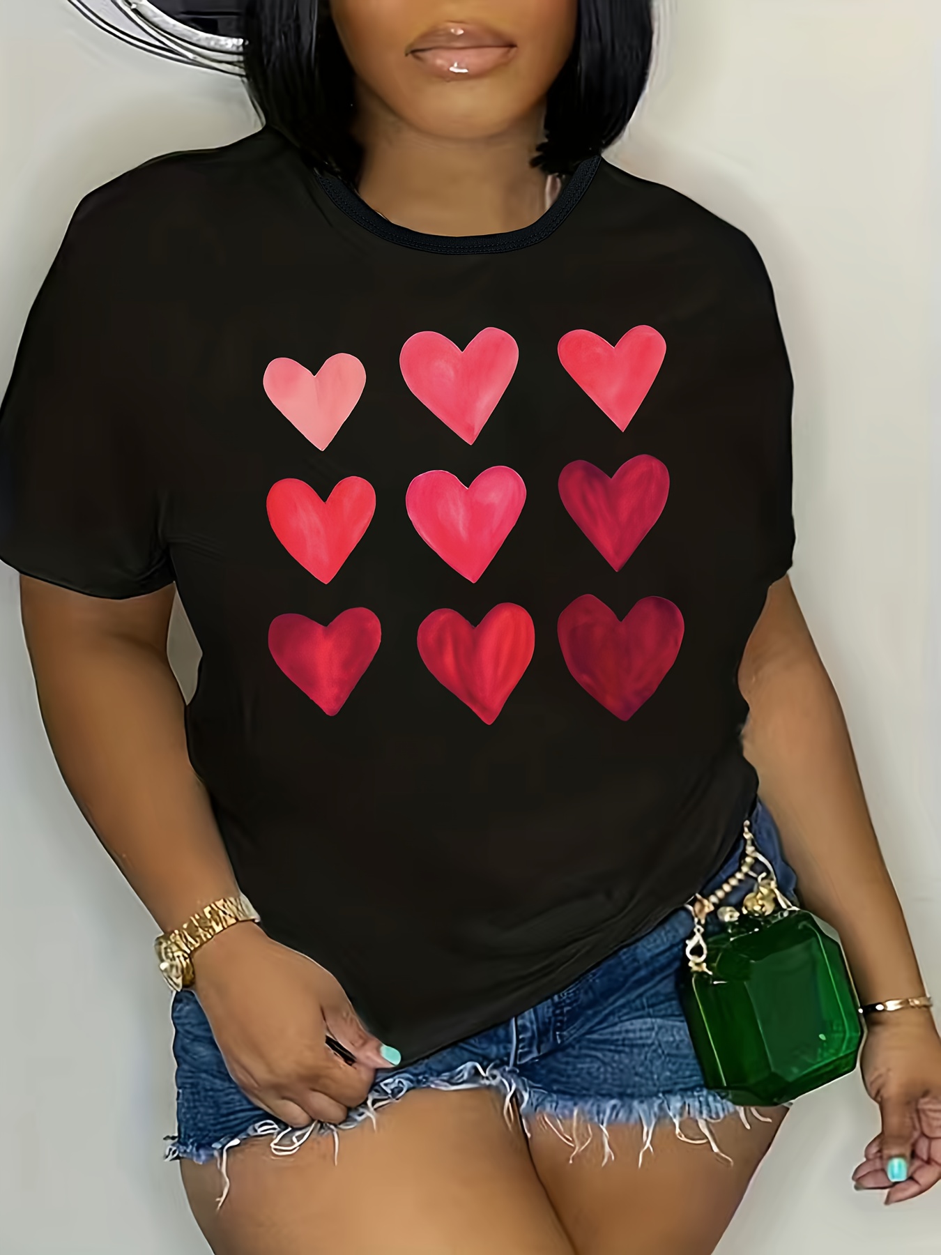 Heart Print T shirt Plus Size Casual Crew Neck Short Sleeve - Temu Australia