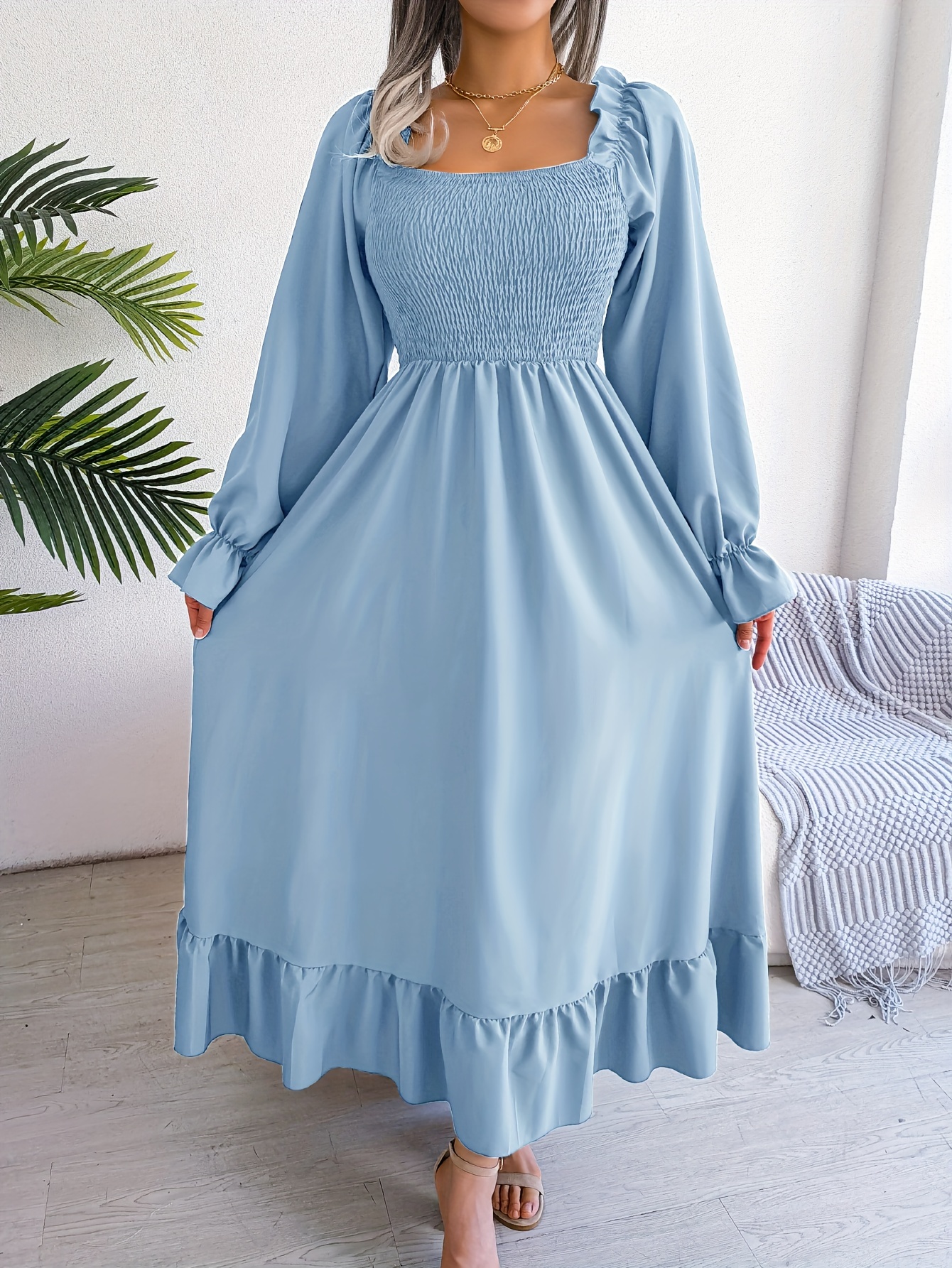 Ruffle Trim Solid Dress Elegant Shirred Long Sleeve Maxi Temu