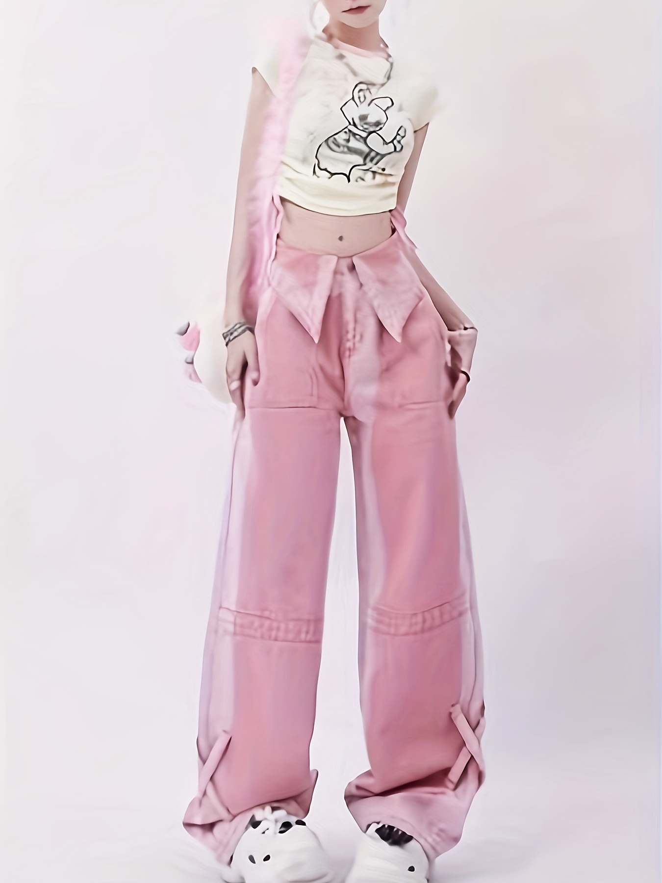 Flipped Waist Chic Baggy Jeans Loose Fit Washed Street Style - Temu