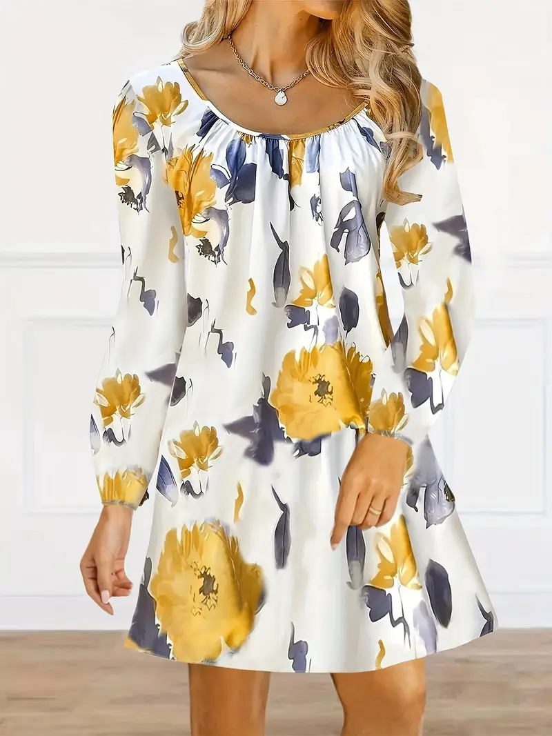 Floral Print Ruched Dress Elegant Scoop Neck Long Sleeve Temu Australia