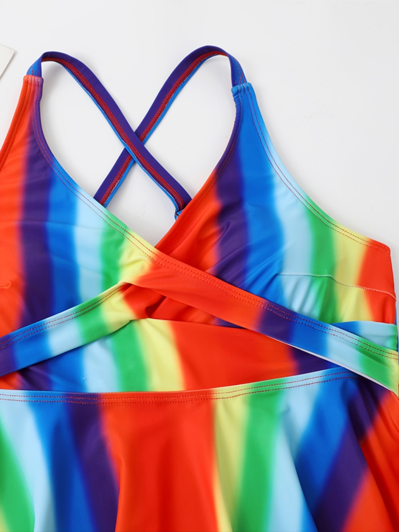 Surplice Neck Cut Swimsuit Set Plus Size Rainbow Strip Women - Temu