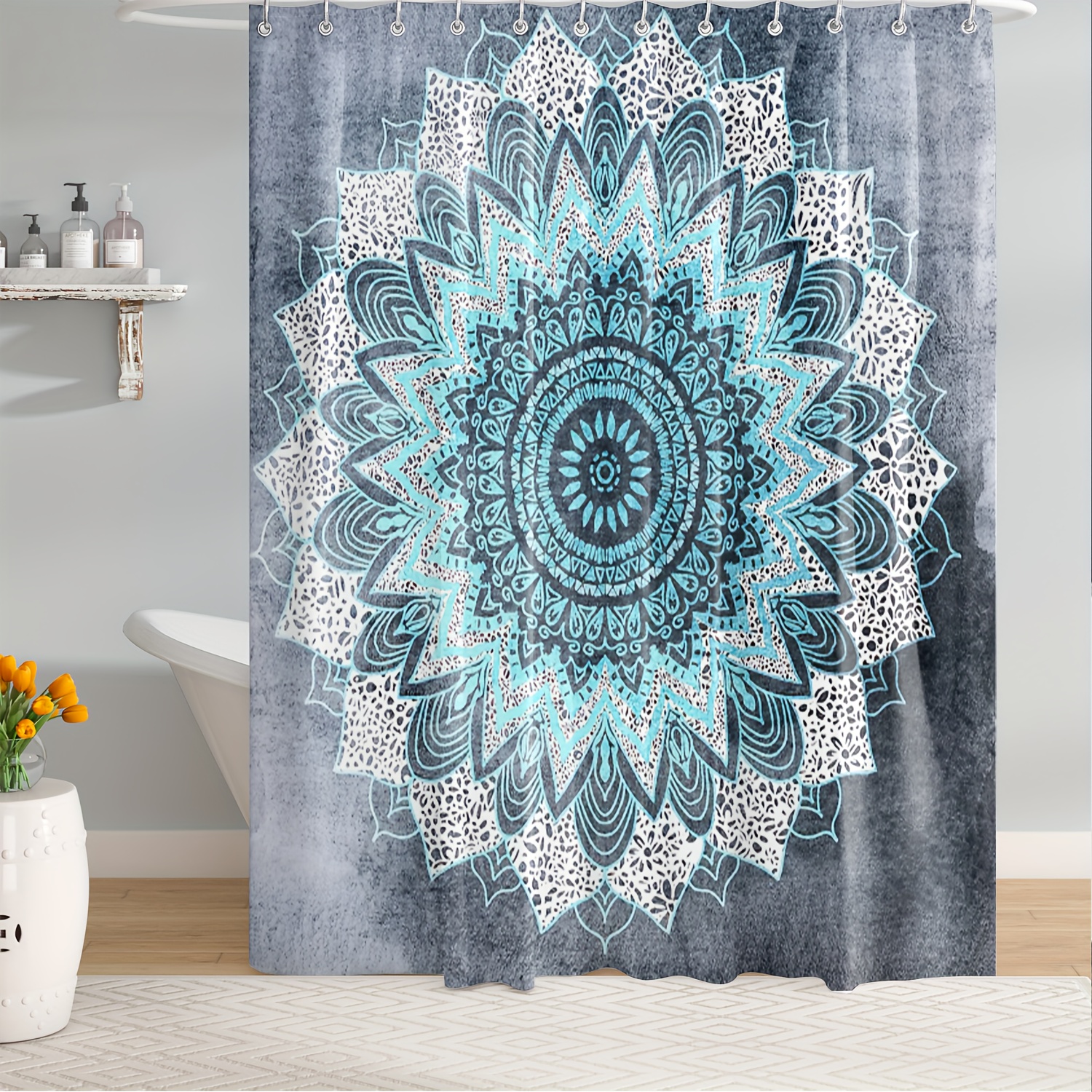 Shower Curtain Set Blue Boho Floral Pattern Waterproof Bath - Temu ...