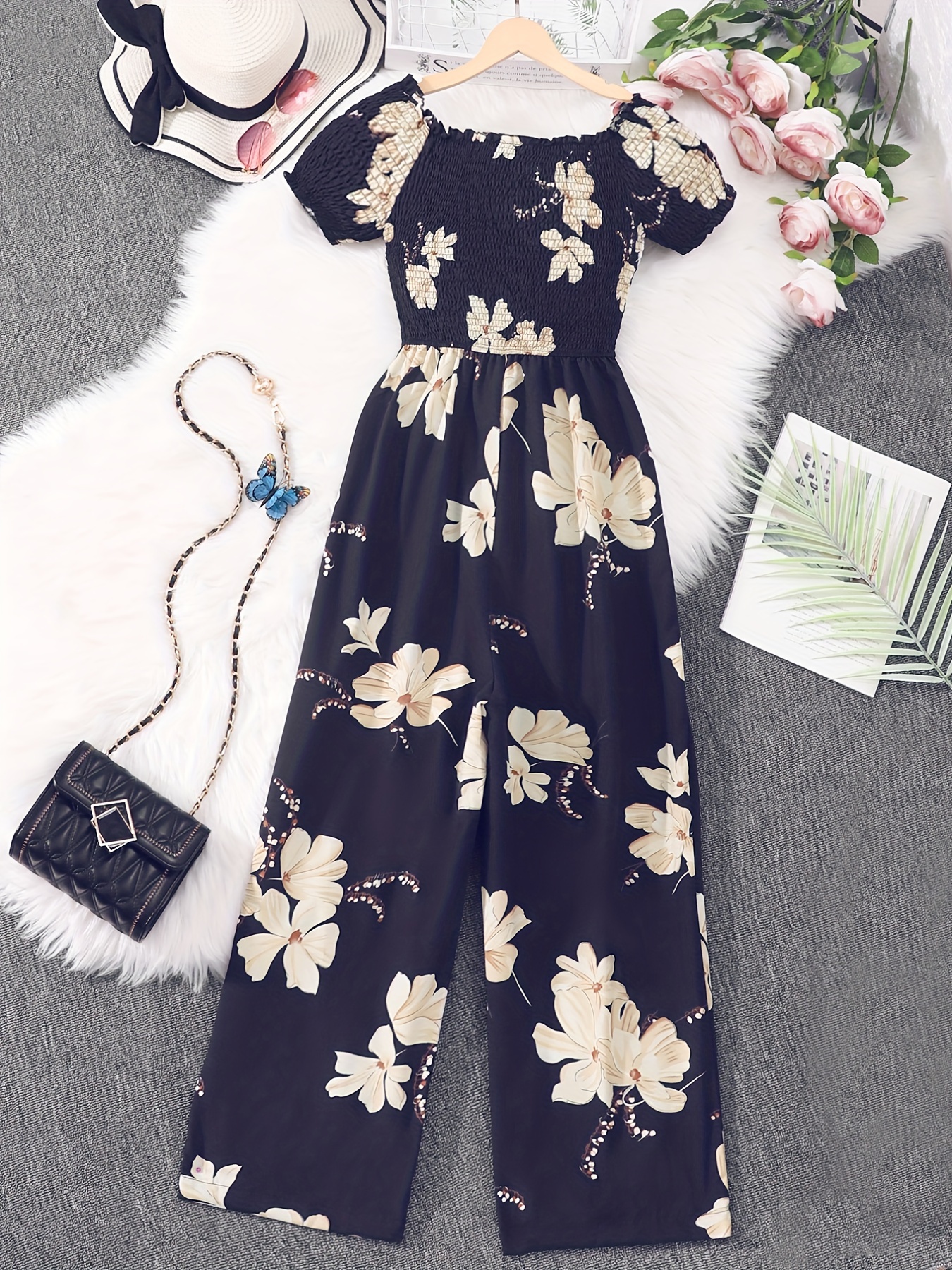 Floral Print Wide Leg Jumpsuit Boho Casual Jumpsuit Spring - Temu