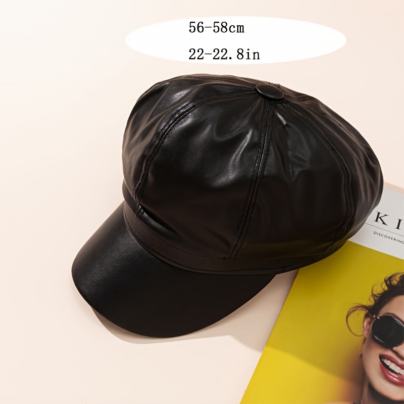 Classic Black Pu Newsboy Hat Waterproof Faux Leather Beret - Temu ...