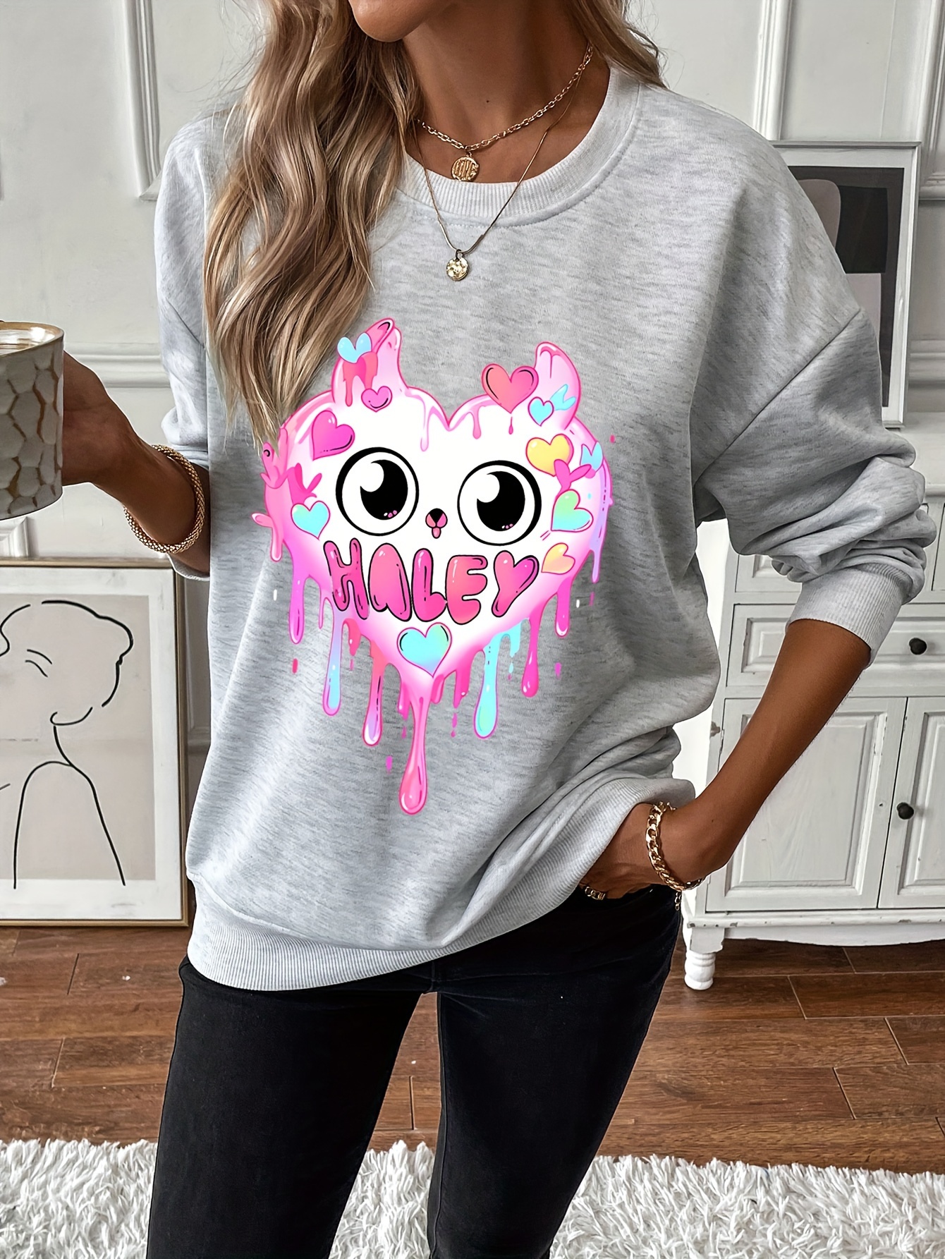 Cute Cartoon Letter Print Pullover Sweatshirt Casual Long Temu Canada