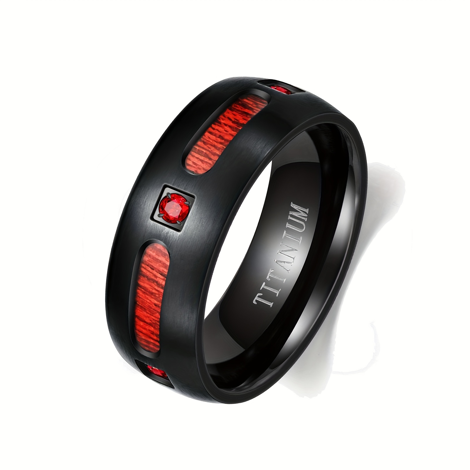 Wide Red Wood Design Titanium Steel Ring For Men, Inlaid Cz Wedding ...