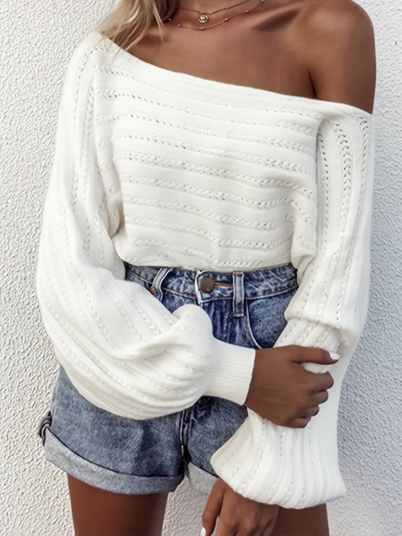 Solid Shoulder Pullover Sweater Casual Lantern Sleeve Loose - Temu ...