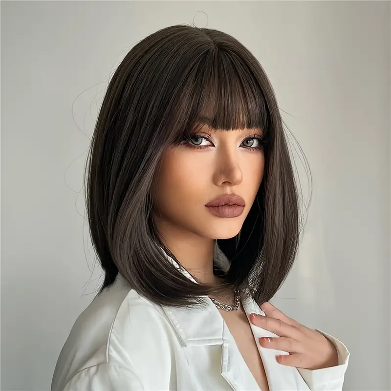 Short Black Brown Bob Wig With Bangs Dark Brown Short Bob Temu
