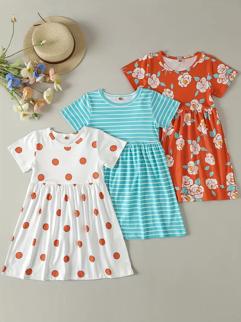 Floral Short Sleeve T Shirt Dress Girls Striped Polka Dot Temu New