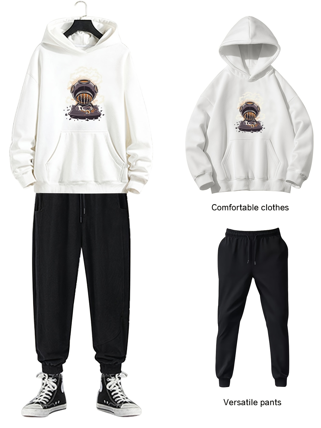 2pcs Men's Graffiti Print Fleece Pullover Hoodie & Sweatpants Set For ...