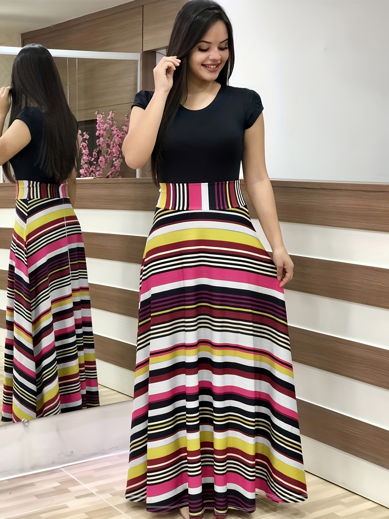 Floral Print Splicing Dress Elegant Crew Neck Short Sleeve - Temu