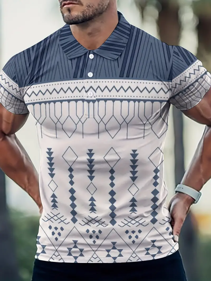 Geometric Pattern Casual Slightly Stretch Button Up Short Temu Australia