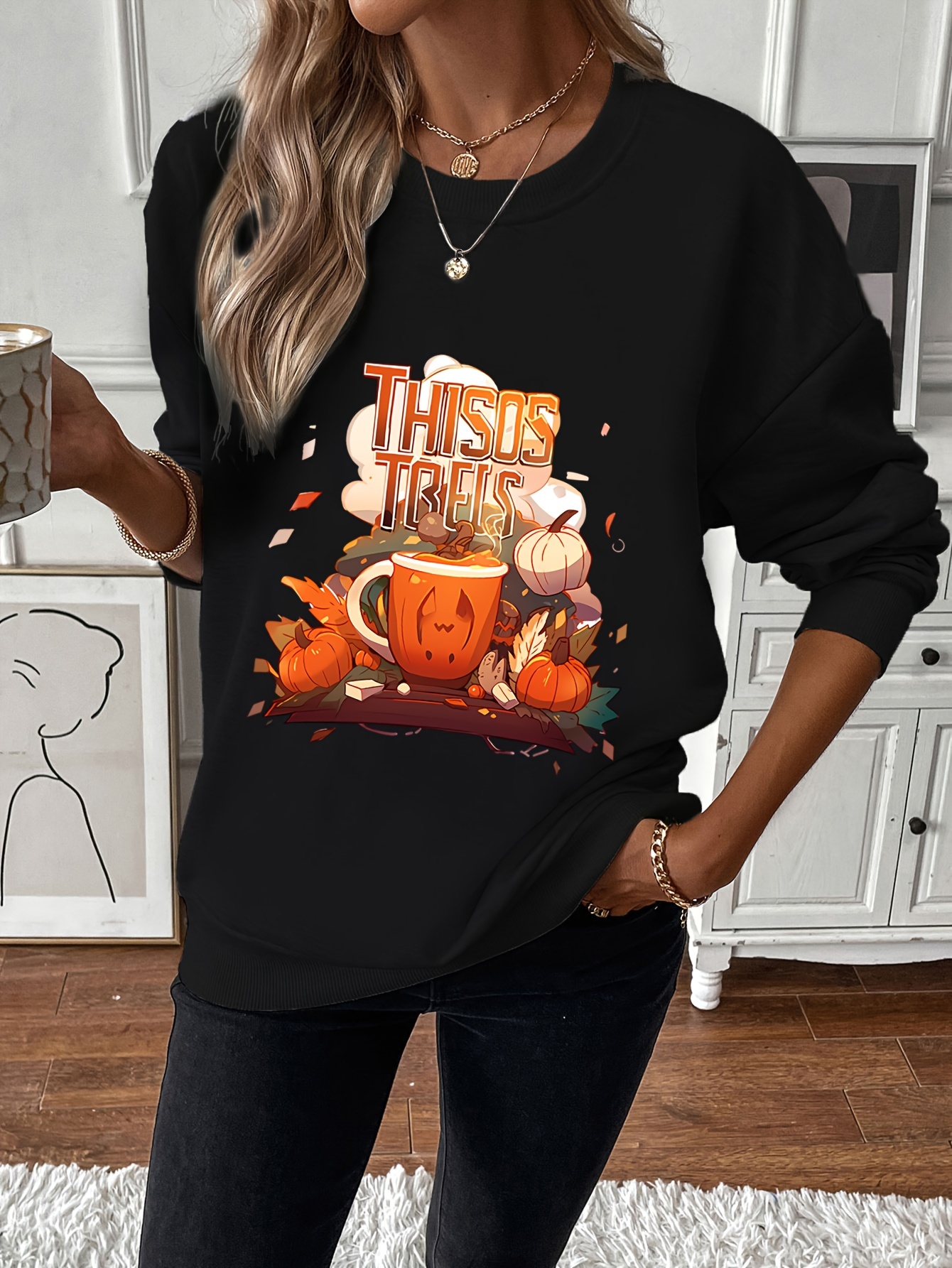 Pumpkin Coffee Print Crew Neck Sweatshirt Casual Long Sleeve - Temu Philippines