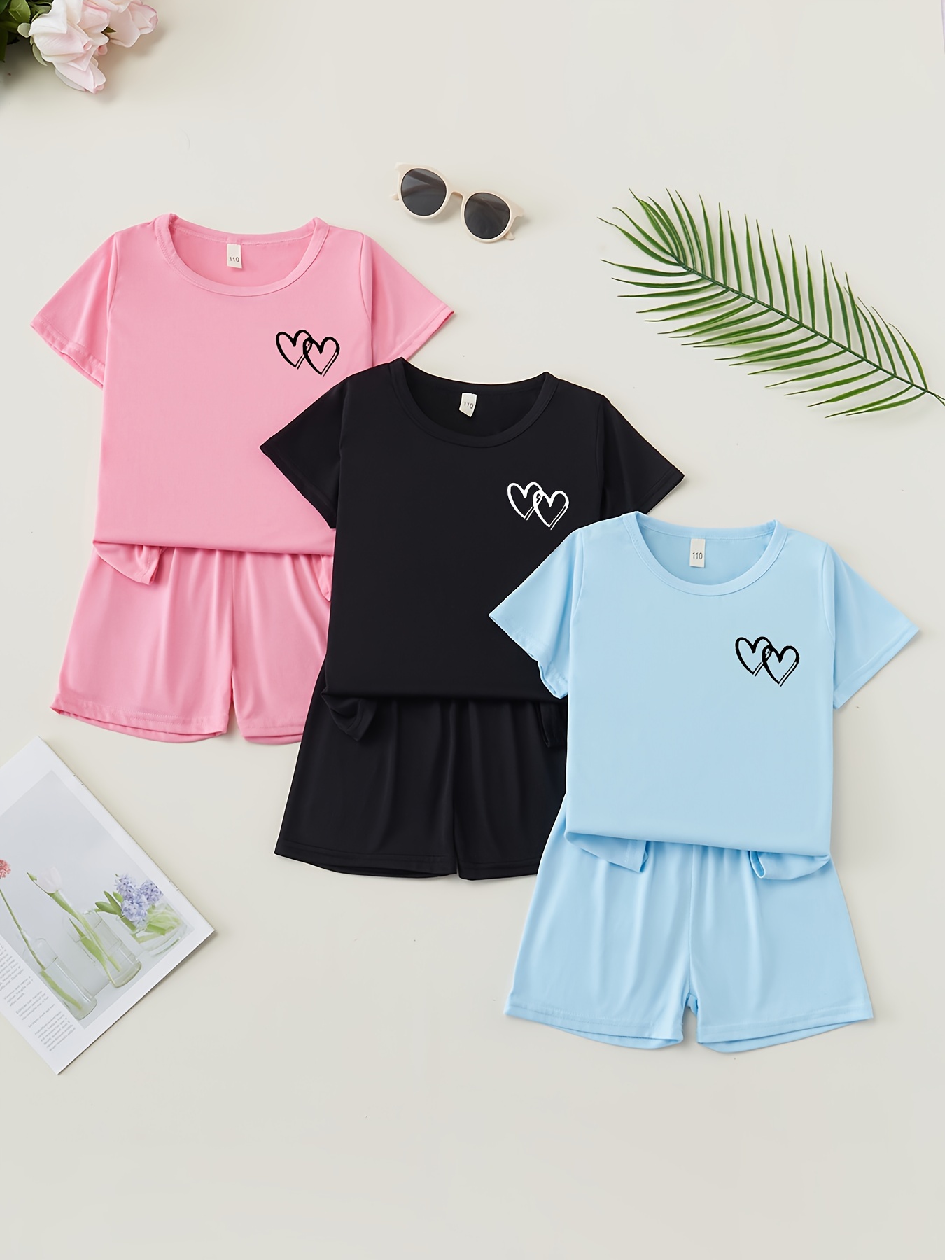Girls T shirt Matching Shorts Set Simple Hearts Print Short - Temu Ireland