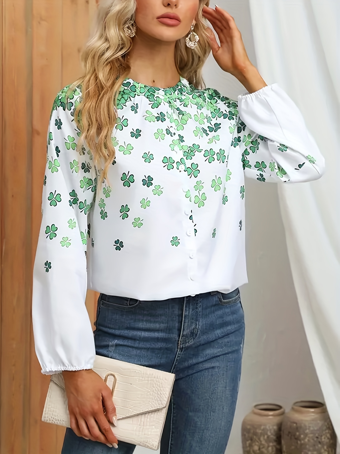 Shamrock Print Blouse Elegant Button Front Crew Neck Long - Temu ...