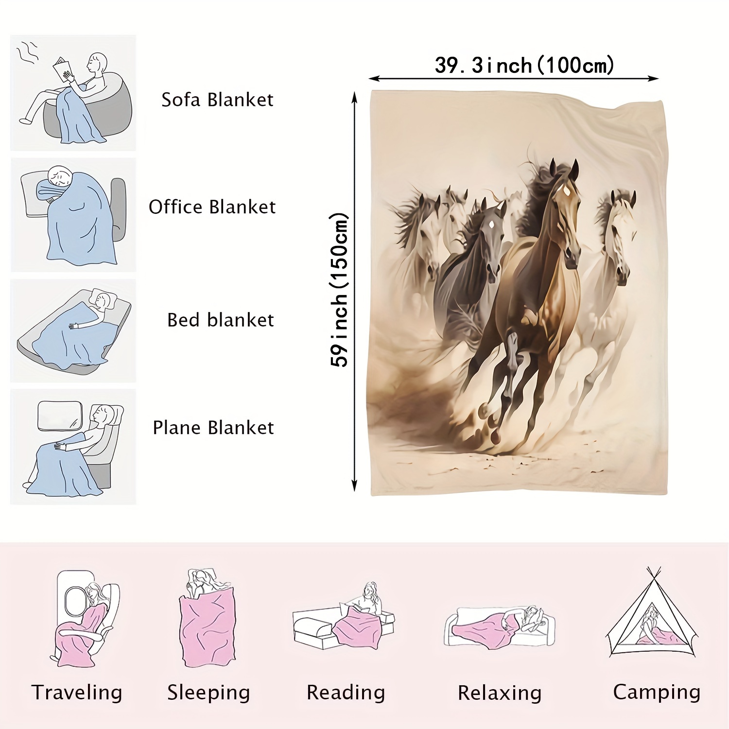 Digital Printing Flannel Blanket Horse Group Pattern Soft - Temu Canada
