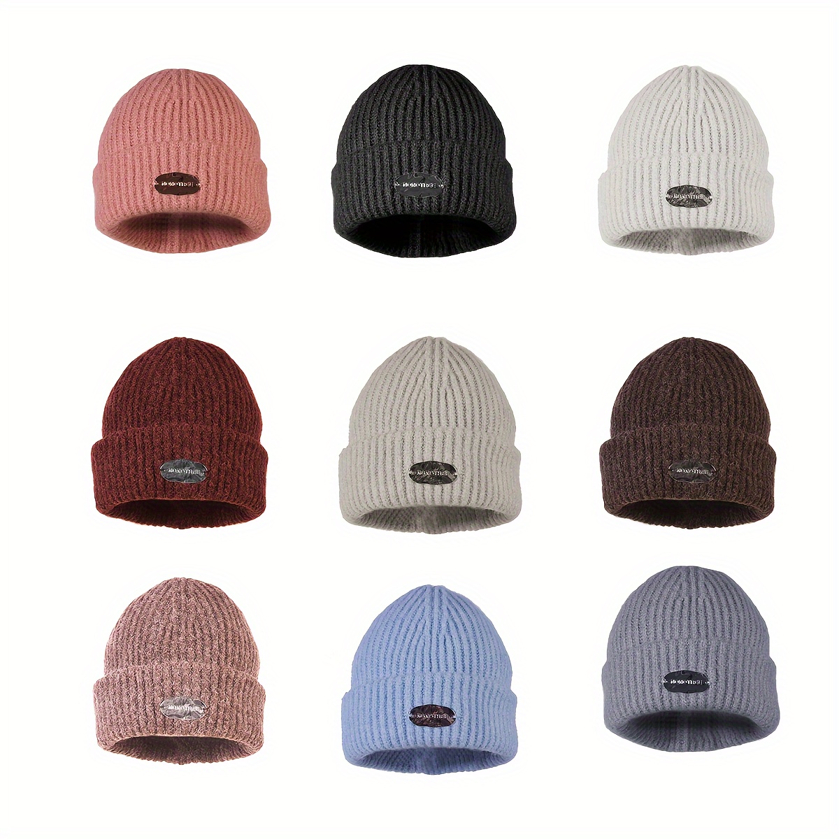 Oval Metal Label Basic Beanie Simple Casual Solid Color Knit - Temu Canada