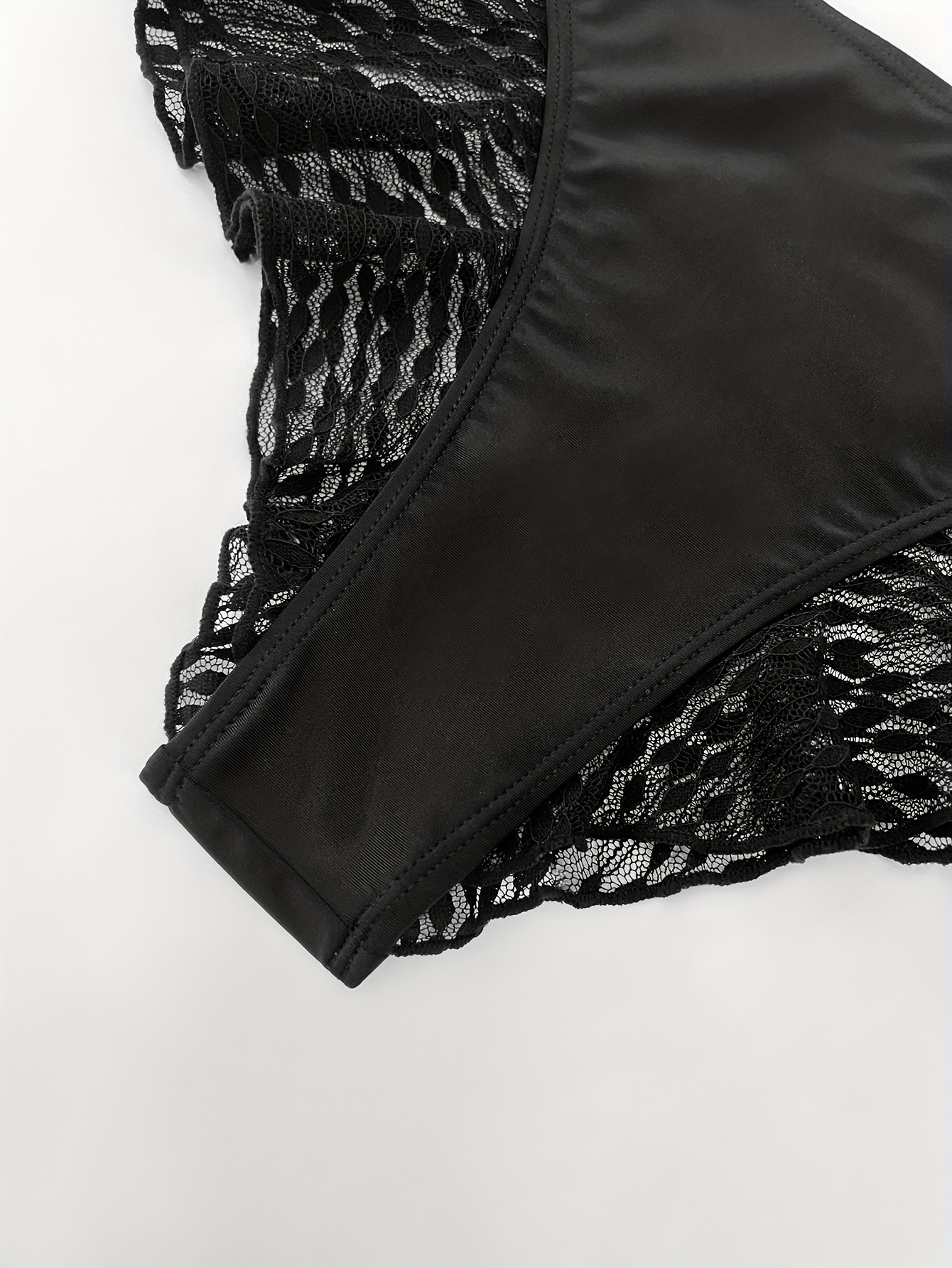 Ruffle Semi Sheer Mesh Swim Briefs Solid Black Stretchy - Temu