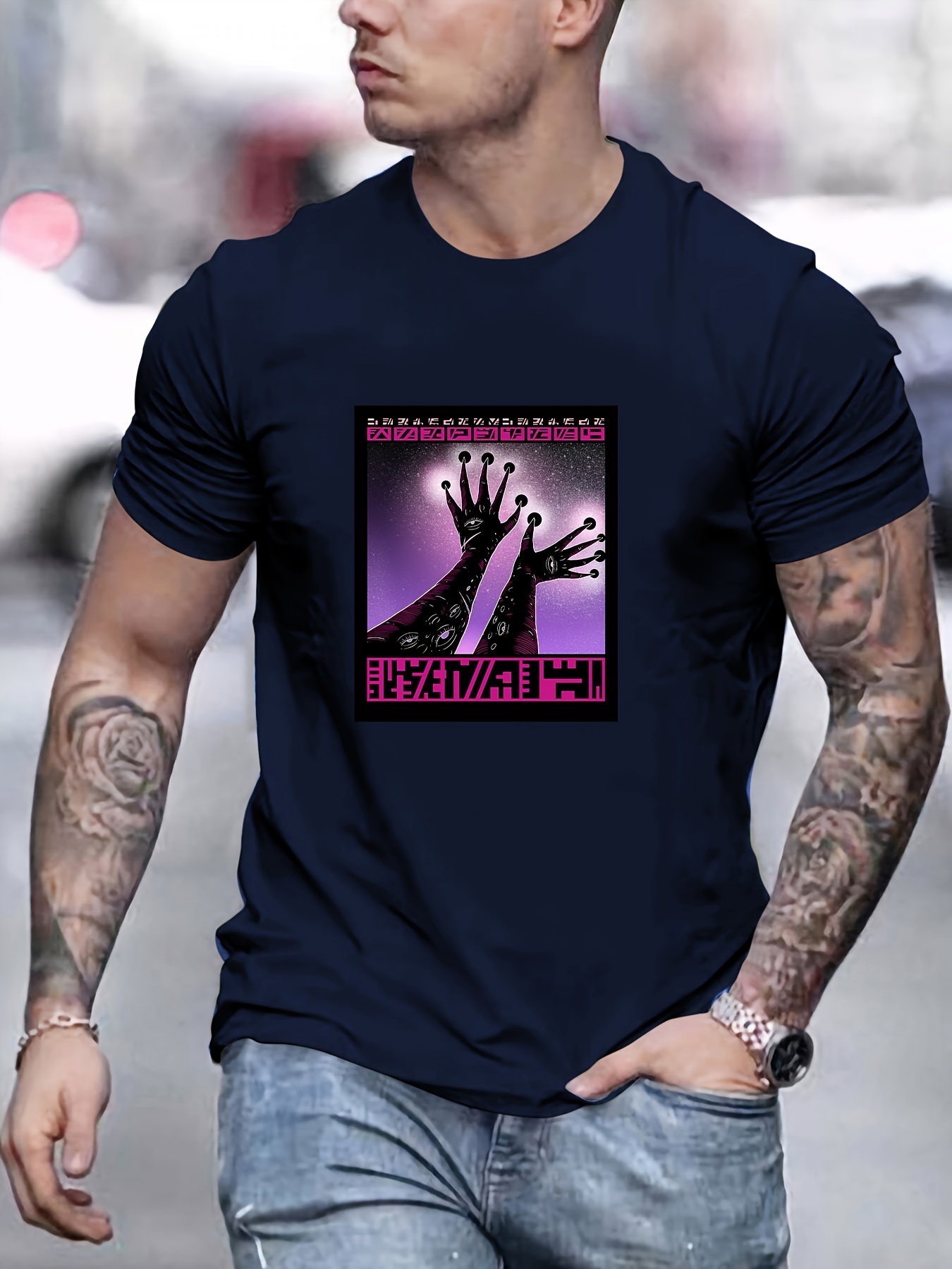 Trendy Cool Crew Neck Tees Men Casual Aliens Arms Print T Temu New