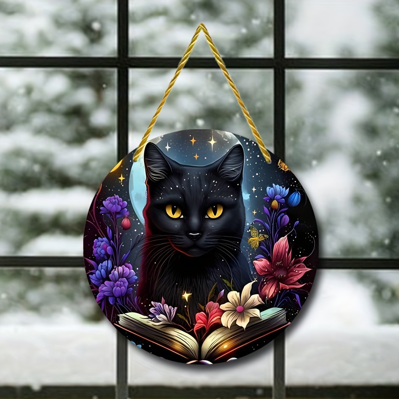 Black Cat Stained Glass Exterior Faux Glass Sign Circular - Temu