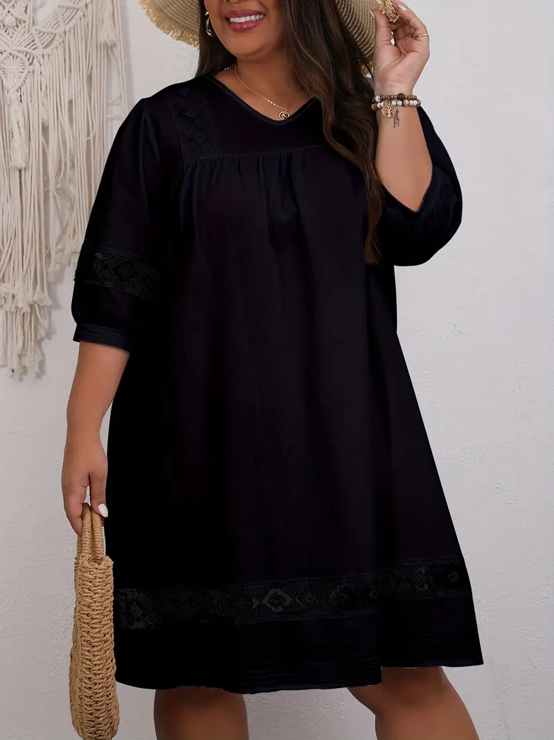 Plus Size Casual Dress Womens Plus Solid Contrast Lace Temu