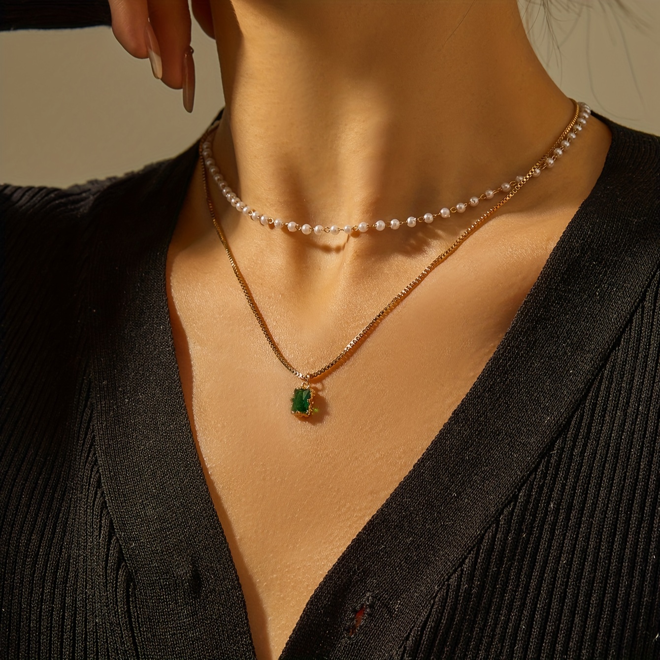Artificial Pearl Handmade Necklace Green Inlaid Pendant - Temu United ...