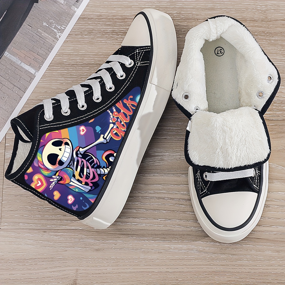 Girl's Trendy High Top Cartoon Skeleton Graphic Skate Shoes - Temu Canada
