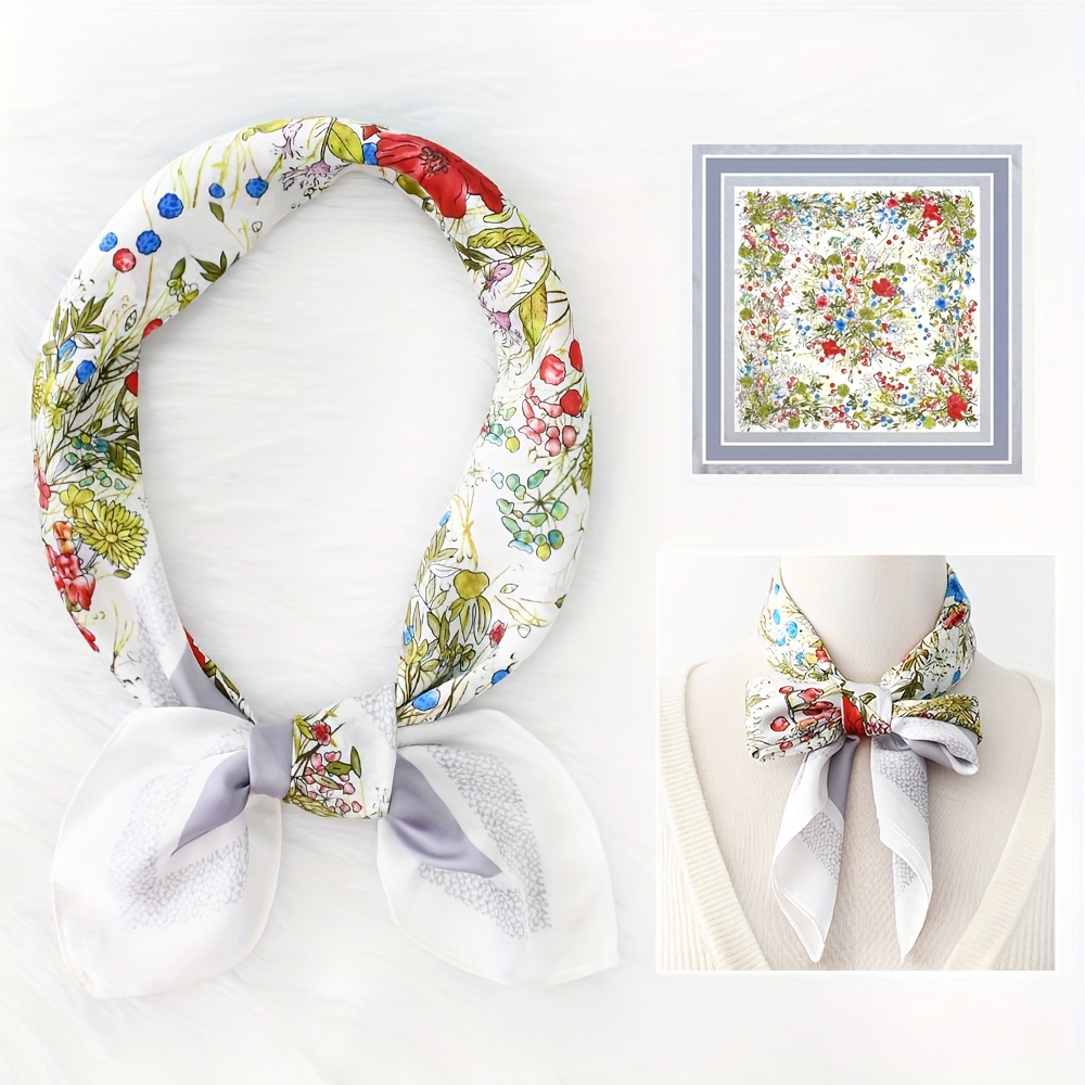 Flower Printed Frame Square Scarf Elegant Thin Breathable - Temu Australia