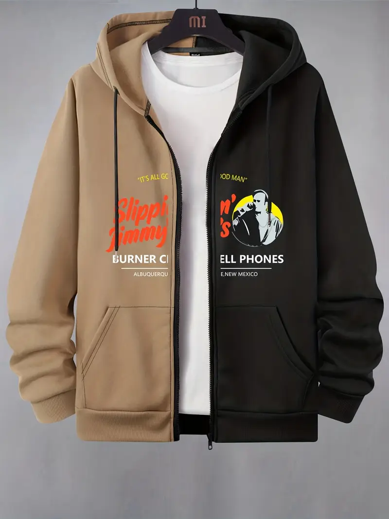 Trendy Pattern Print Mens Hooded Color Block Jacket Casual Temu Australia