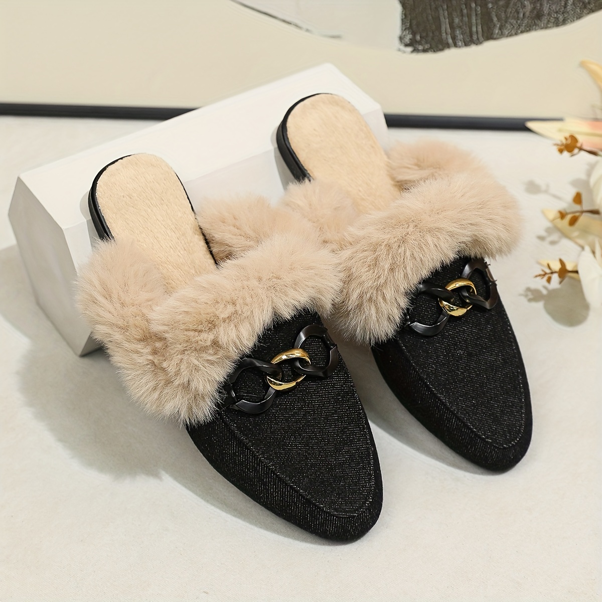 Warm Chain Decor Slippers Casual Slip Plush Lined Shoes - Temu United ...