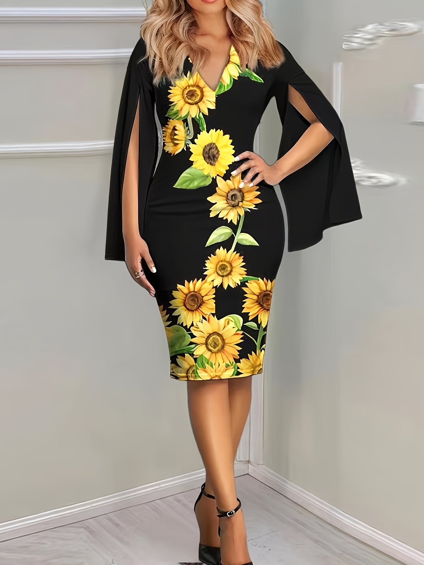 Sunflower Print Split Sleeve Dress Elegant V Neck Bodycon - Temu Denmark