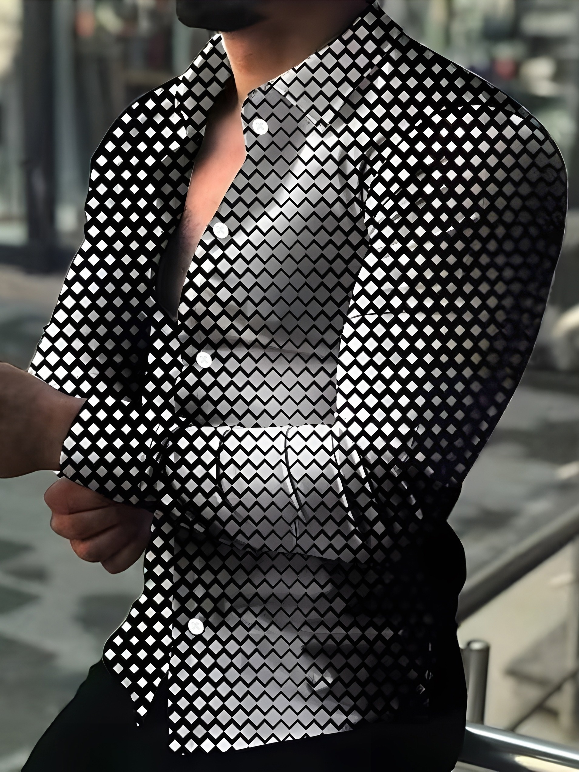 Fashion Geometric Pattern Men's Long Sleeve Button Shirt - Temu Australia