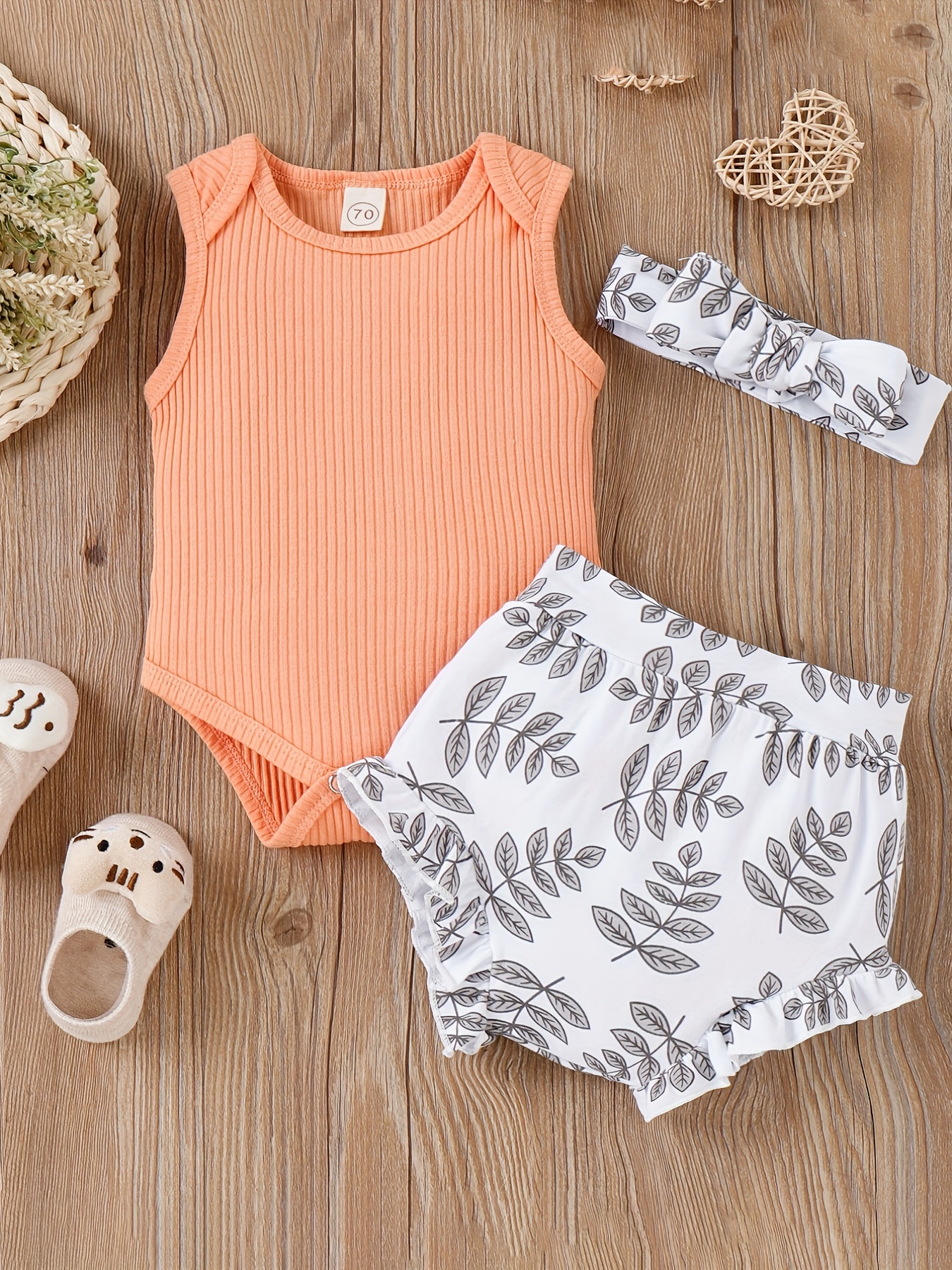 Baby Girls Casual Plain Color Sleeveless Romper Leaf Graphic - Temu ...