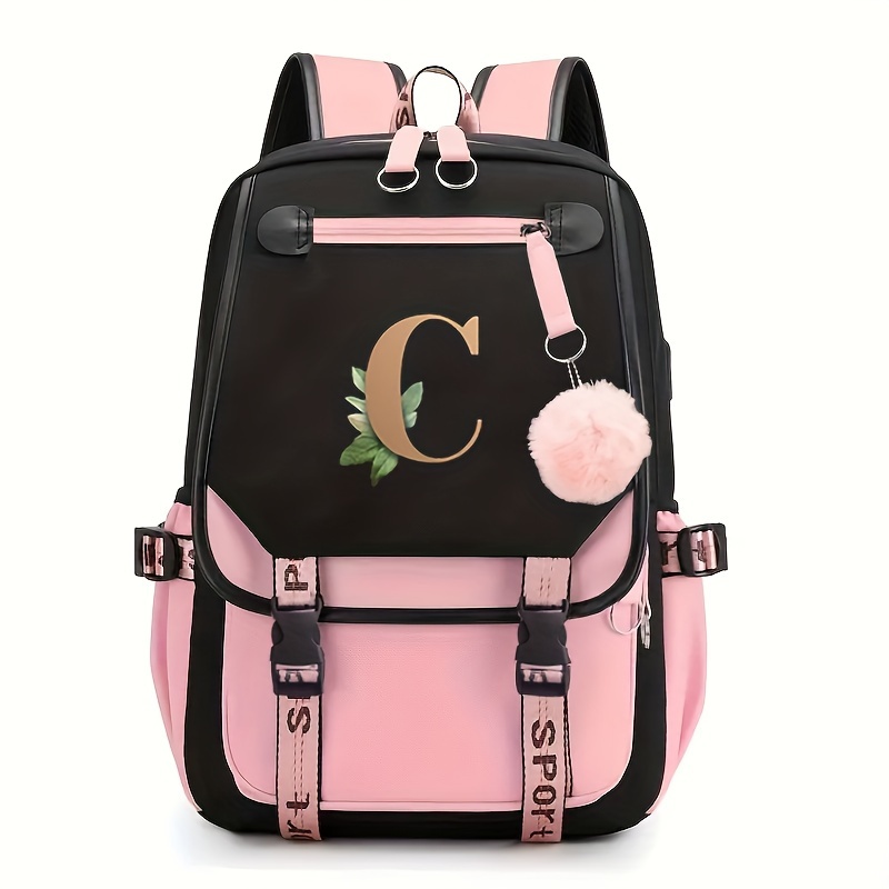 Trendy Letter Floral Print Backpack, Color Blocking Multi-pocket Laptop ...