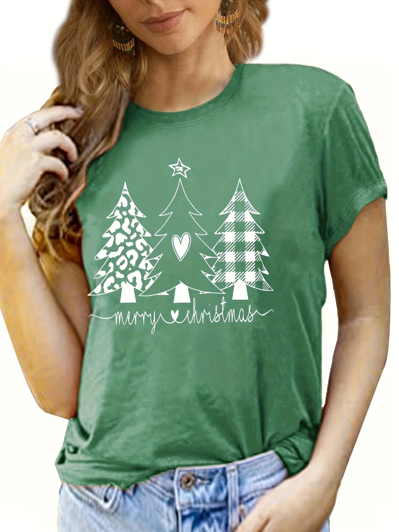 Christmas Tree Print Summer T shirt Cute Short Sleeve Crew - Temu Australia