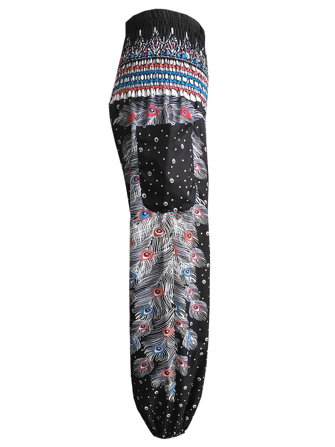 Boho Full Peacock Feather Print Harem Pants Casual Shirred - Temu ...